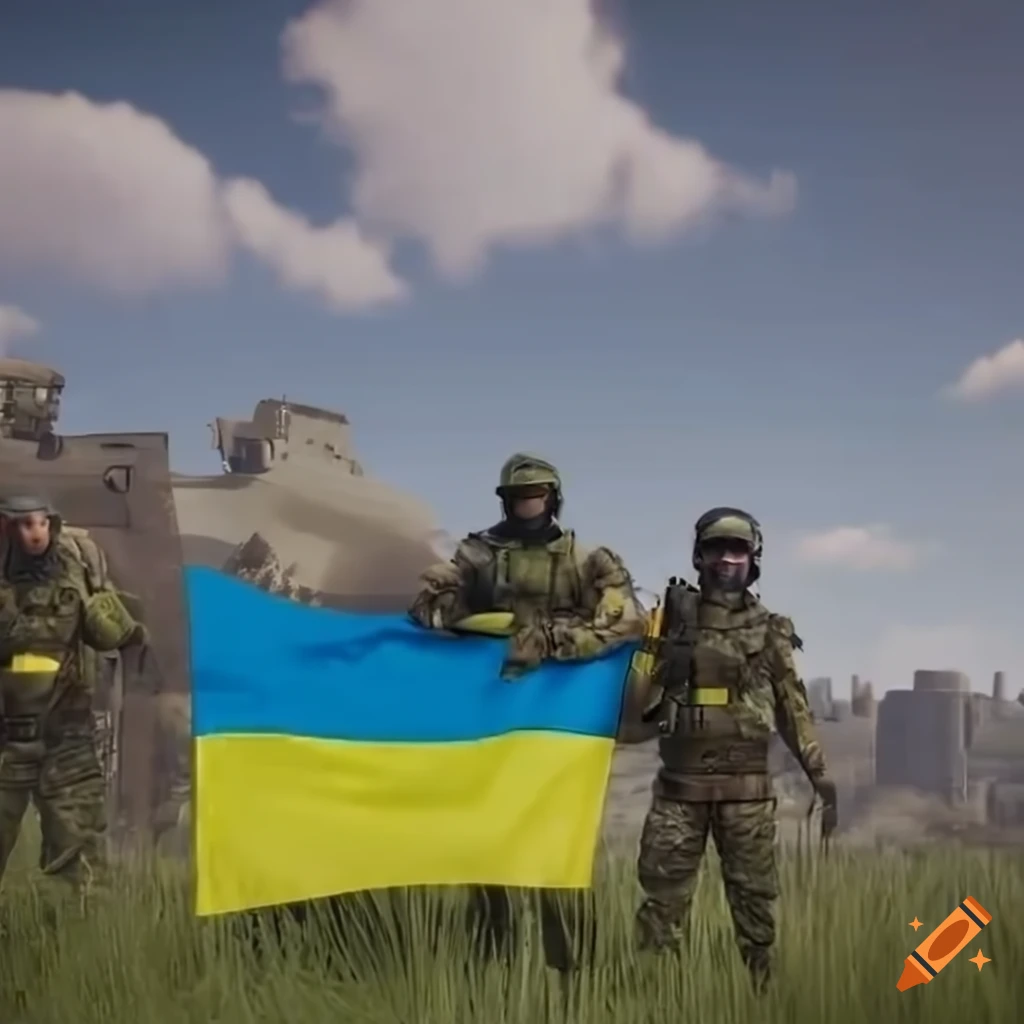 Portrait of ukrainian sci-fi soldiers holding flag with tank in ...