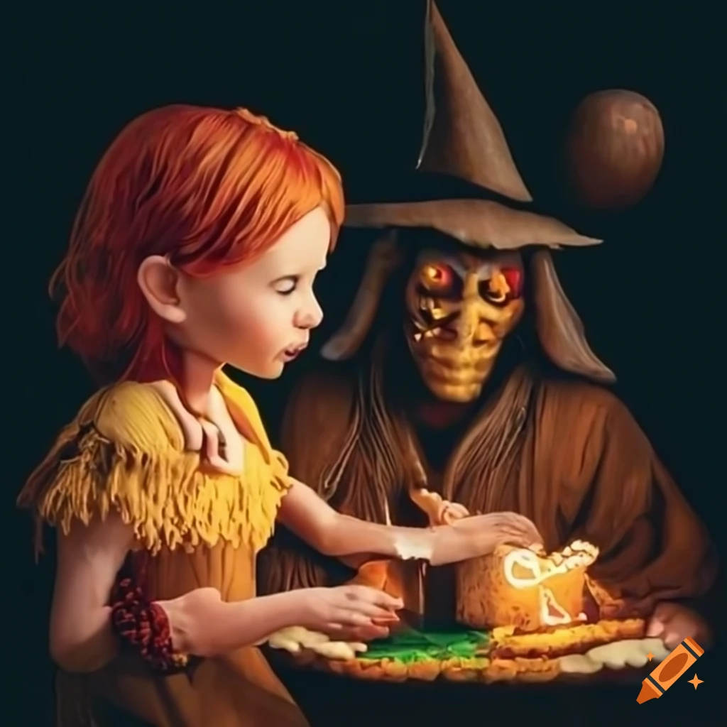 Hansel and gretel with the cannibal witch at gingerbread house