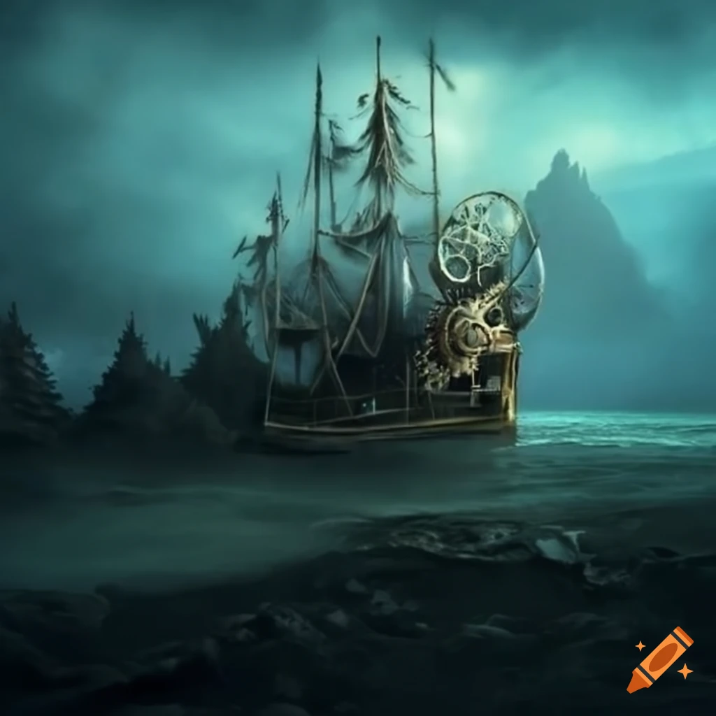 Surreal steampunk artwork with strange creatures on the beach