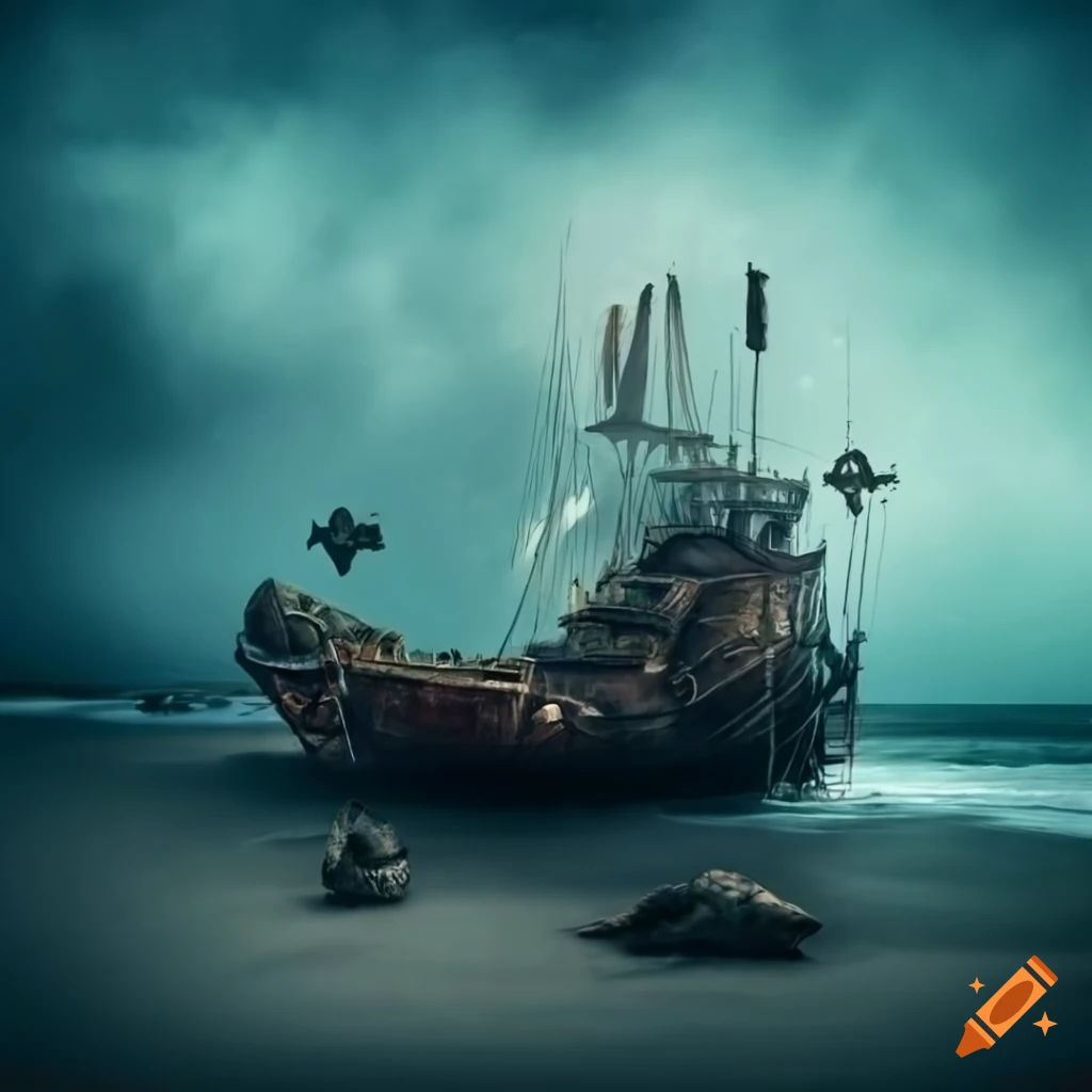 Surreal steampunk boat on a beach on Craiyon