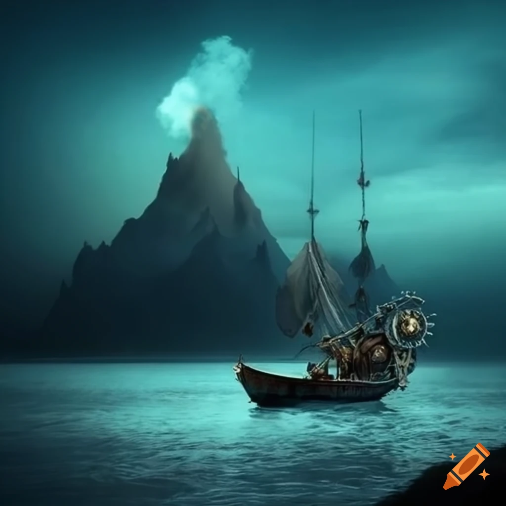 Giant flying clockwork kingdom at night with a woman looking up from ...