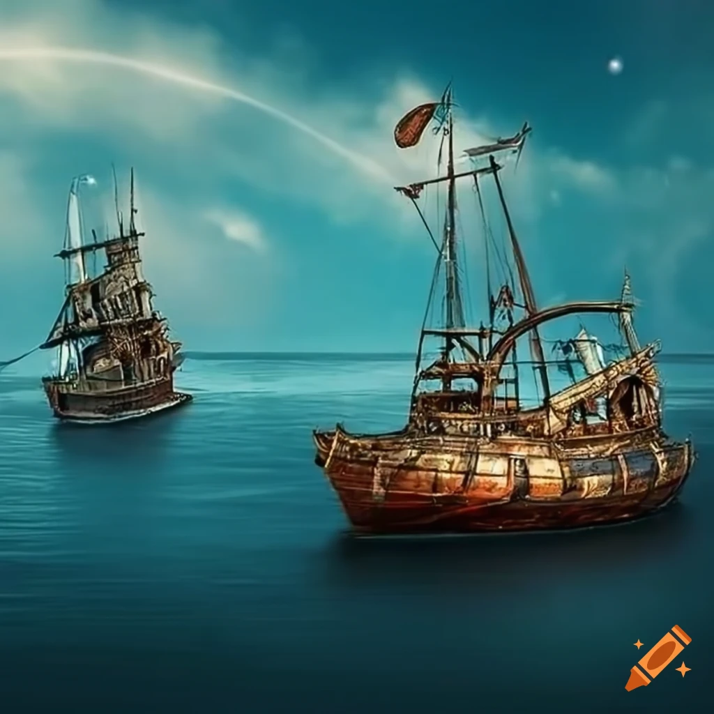 Surreal steampunk boat in a mystic sea on Craiyon