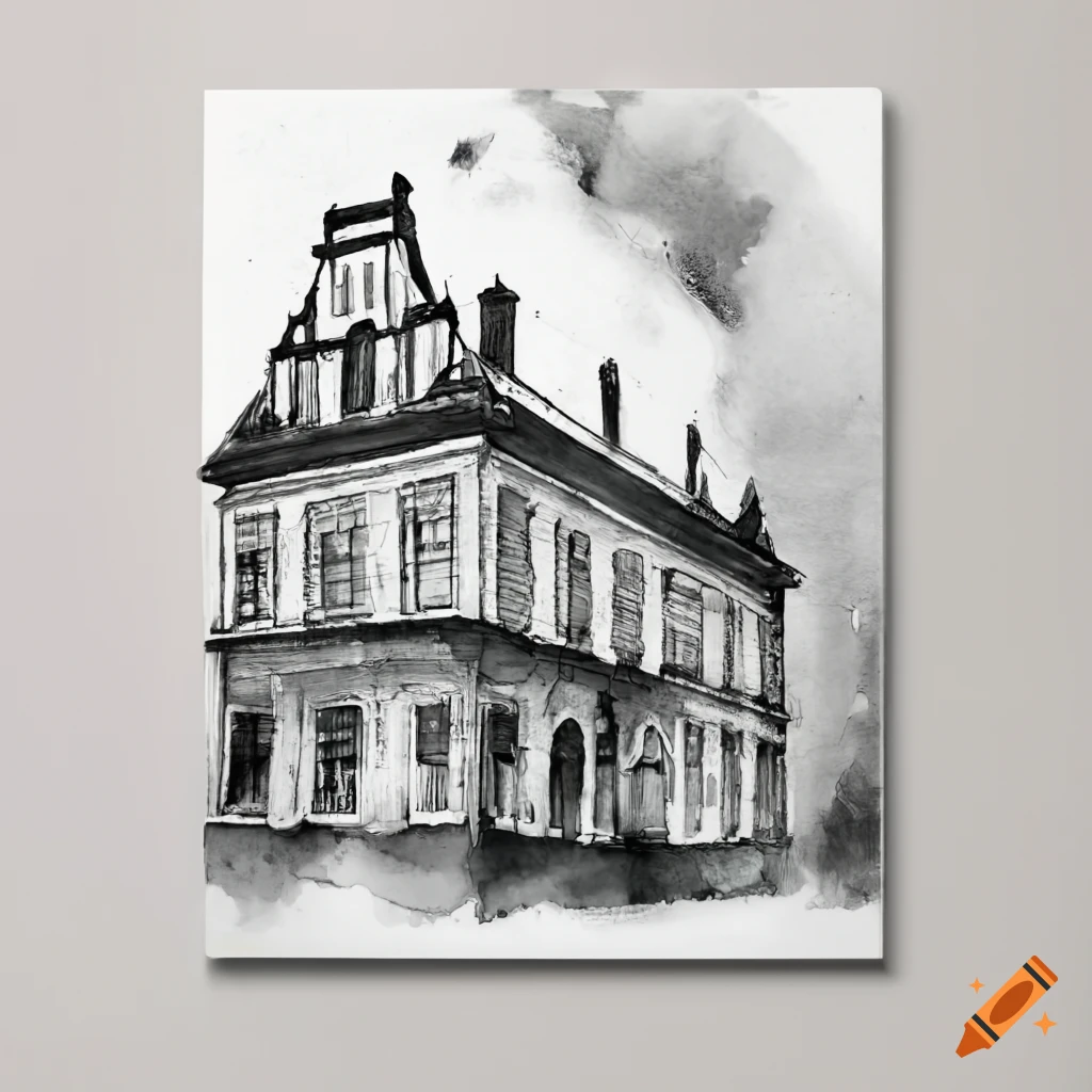 Line drawing of an art nouveau gothic store front facade on Craiyon