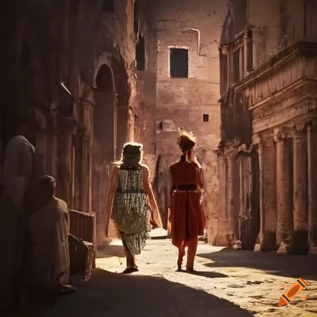 Two people walking in an ancient Roman fair on Craiyon