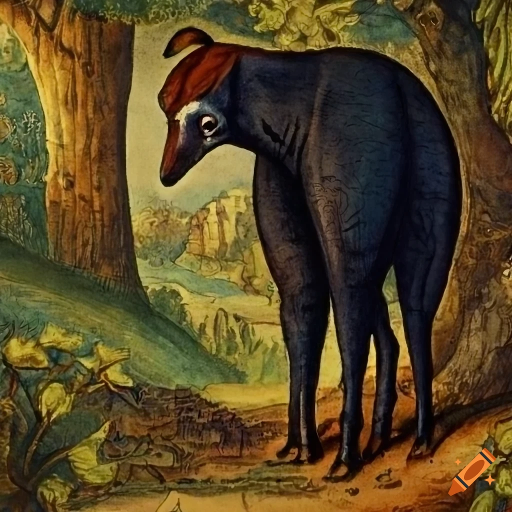 Color pen and ink illustration of a tapir-okapi hybrid in a lush ...