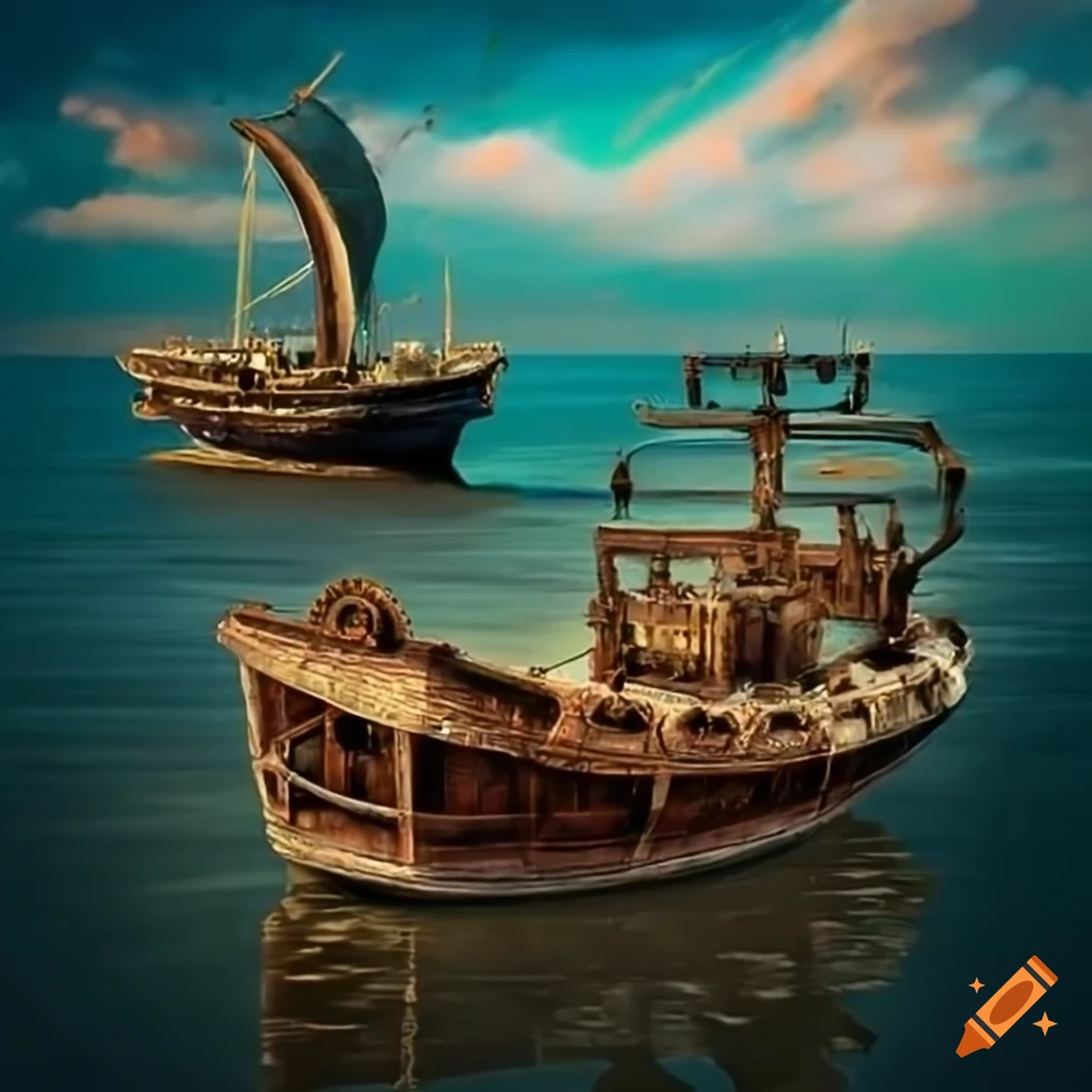 Surrealist steampunk boat in the sea on Craiyon