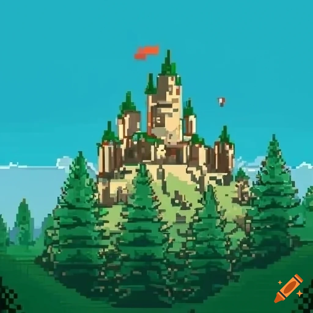 Pixel art castle on a hill with trees in the background on Craiyon