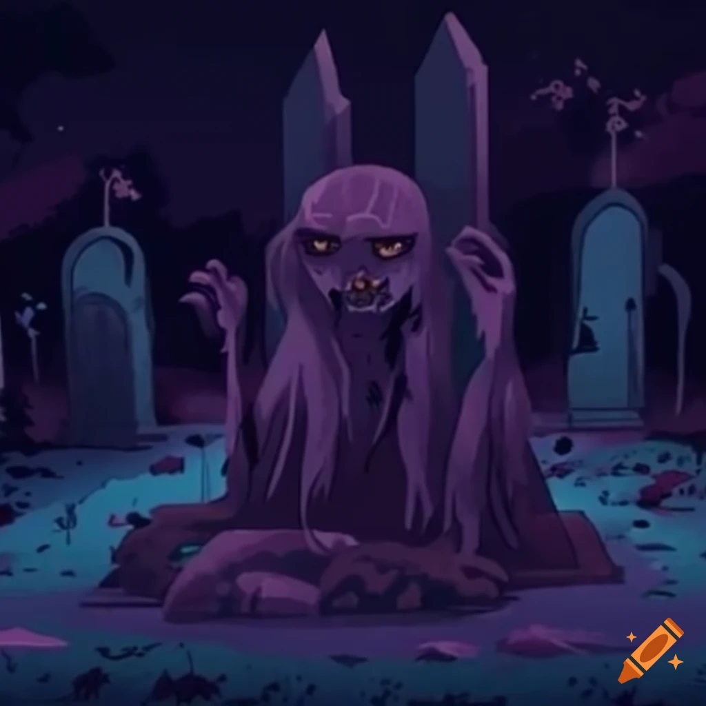 Undead creature emerging from a tomb in a graveyard on Craiyon
