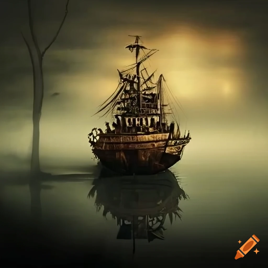 Surreal steampunk artwork with giant boat and thunderous sky on Craiyon