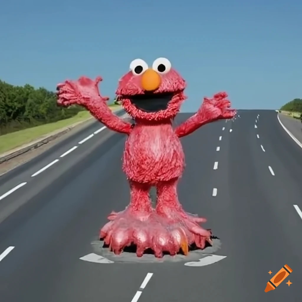 Giant elmo statue on a motorway on Craiyon