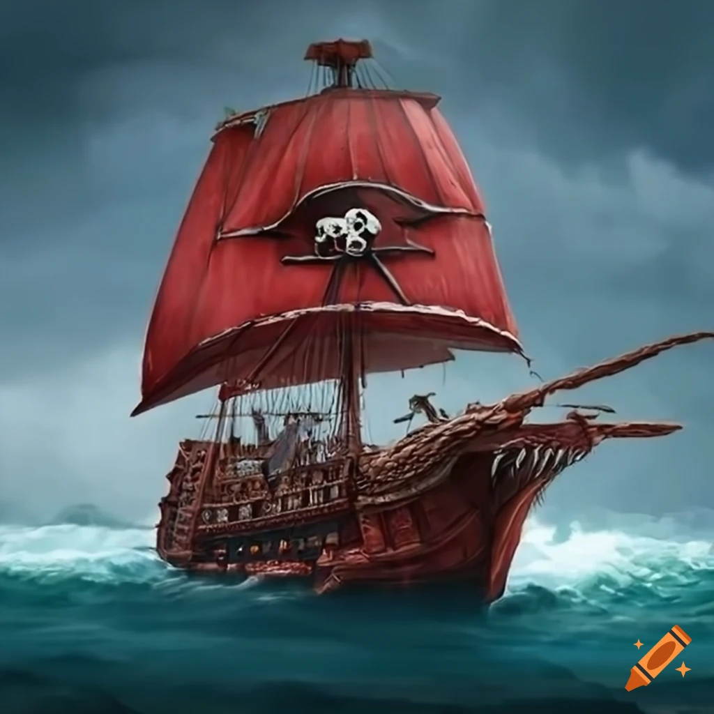 Epic illustration of a red pirate ship sailing through stormy waters on ...