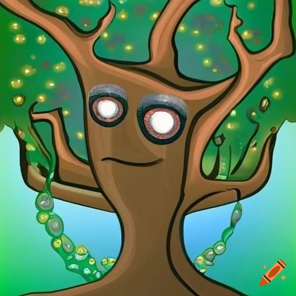 Artistic depiction of a tree with mystical eyes on Craiyon
