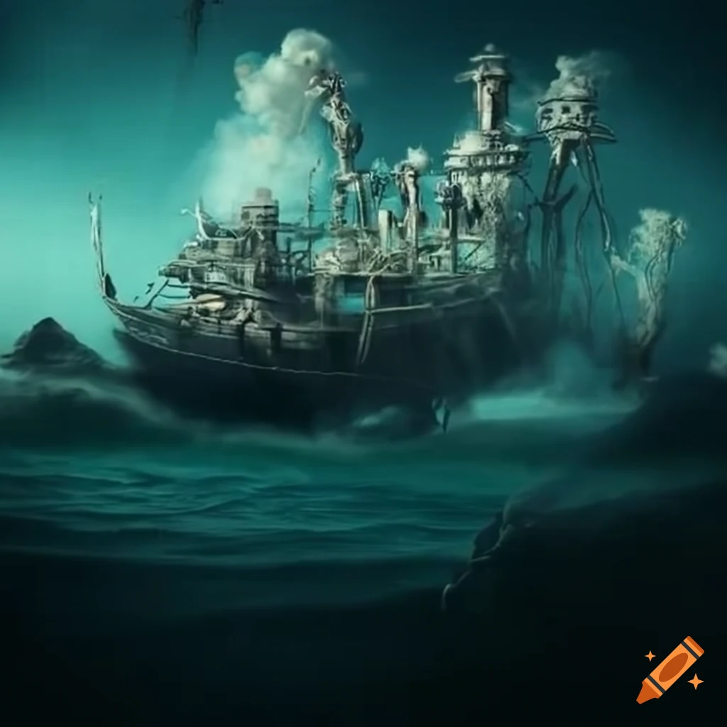 Surreal steampunk artwork with machines on the beach on Craiyon