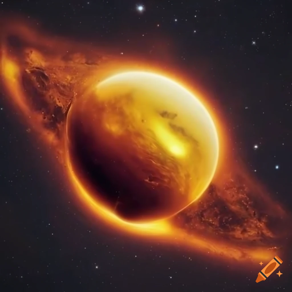 Photo of an amber planet emitting crystal particles on Craiyon