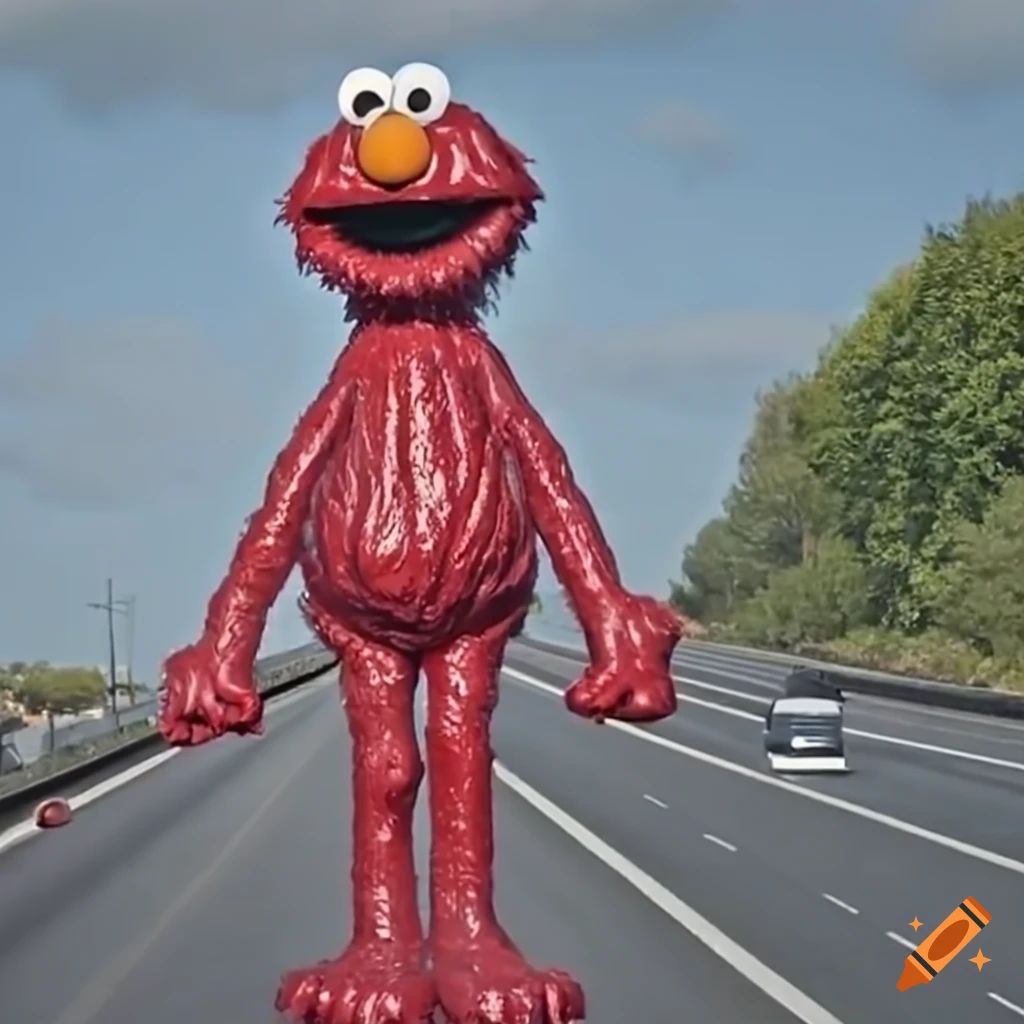 Giant elmo statue on a motorway on Craiyon