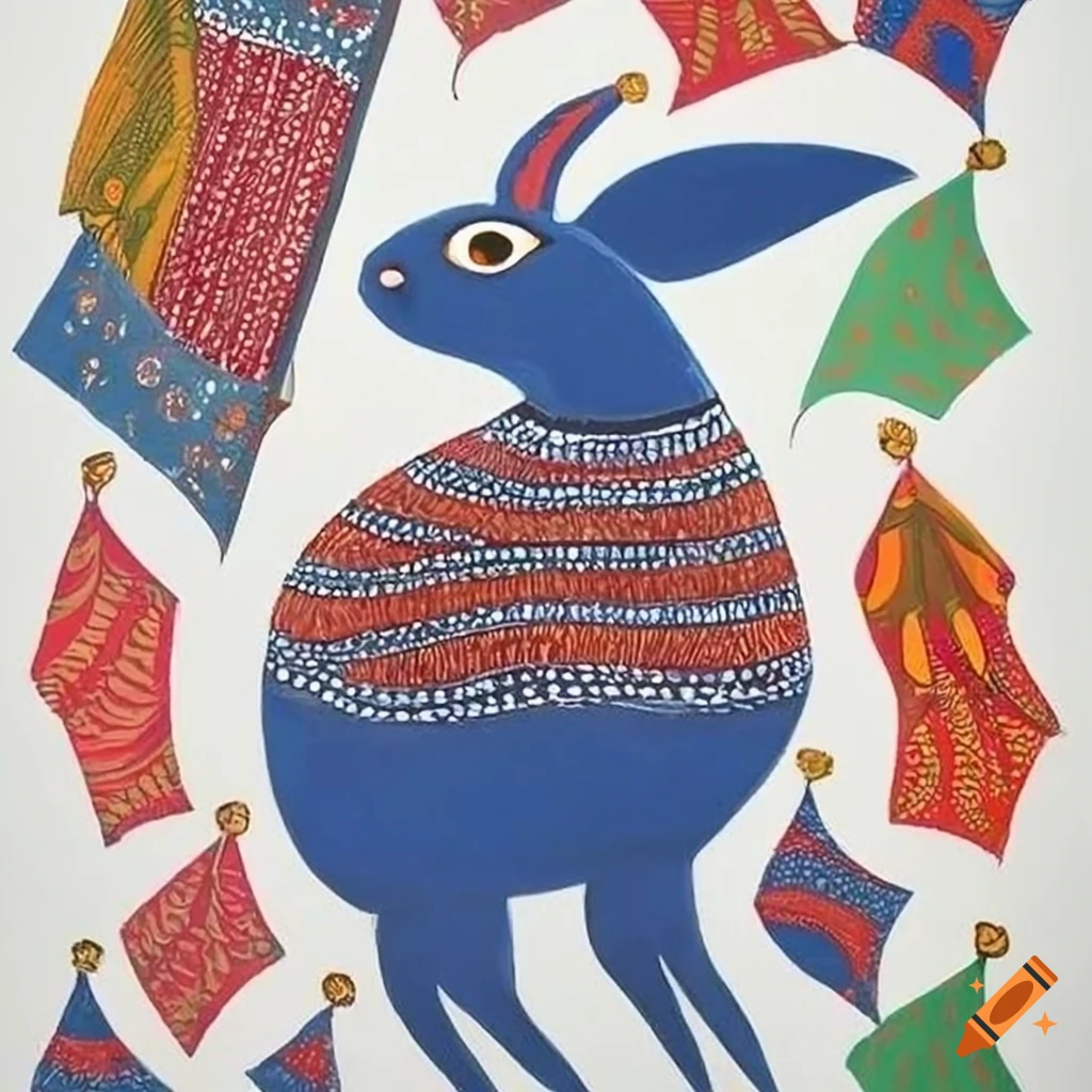 Gond painting of a rabbit with flags on Craiyon