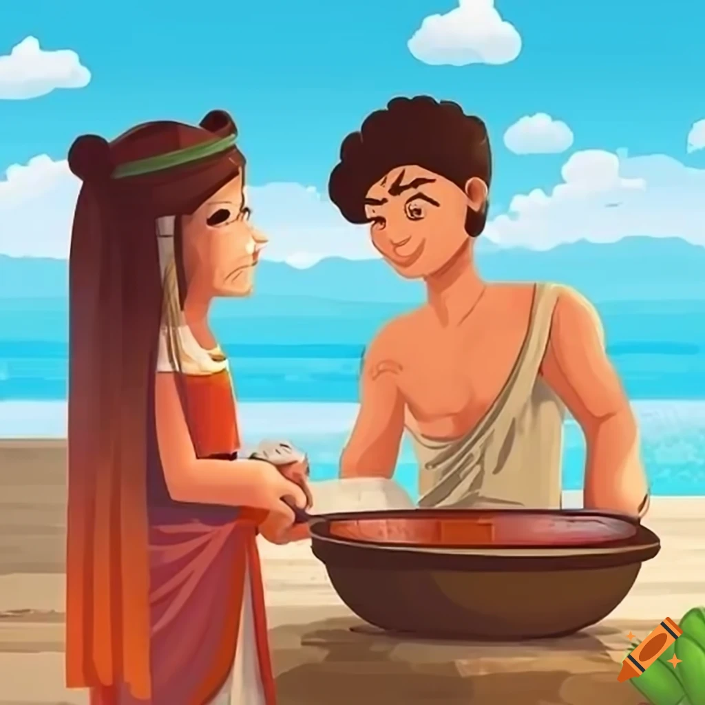 Comic strip of villagers feeding a bear in ancient Greece on Craiyon