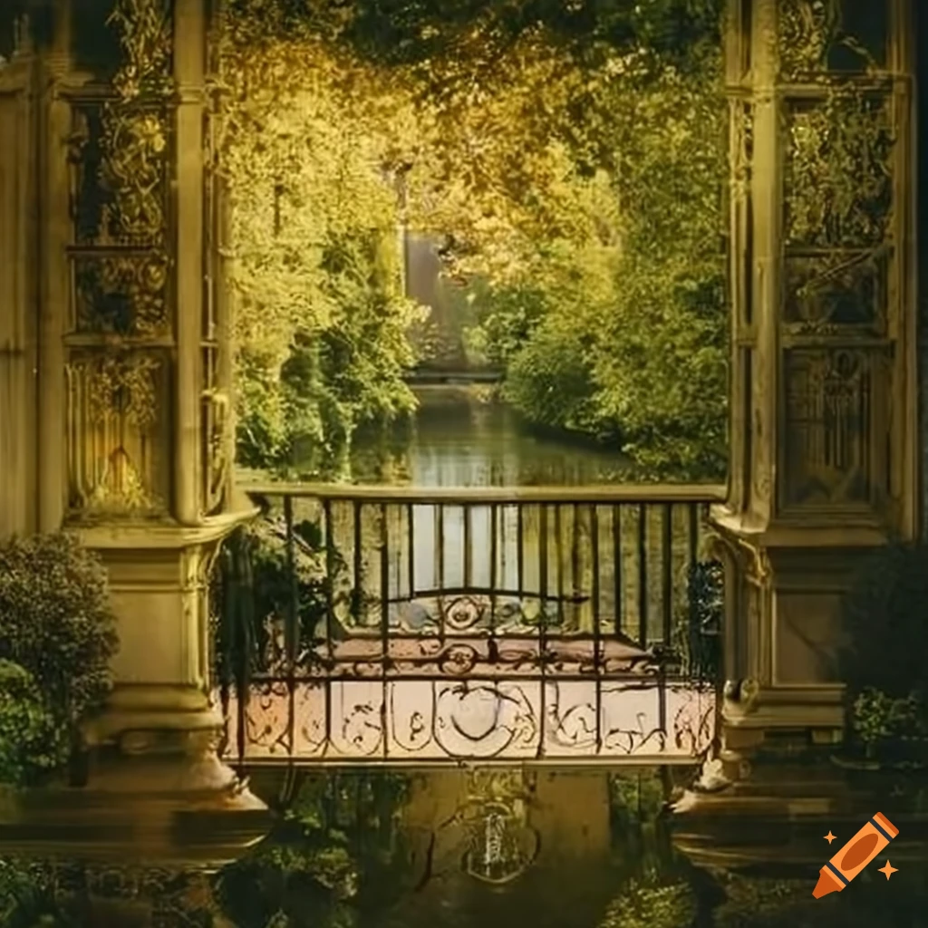 Golden rococo balcony overlooking a pond in a victorian garden