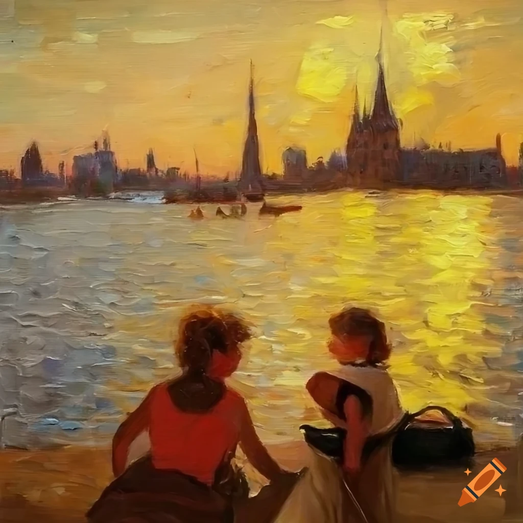 Oil painting of brother and sister on a sunny day at hamburg harbor