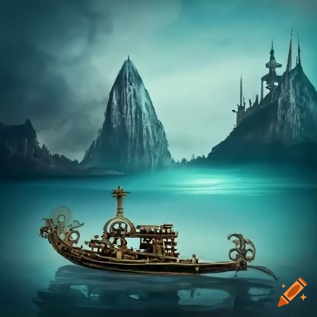 Surreal steampunk boat with canons sailing on the sea