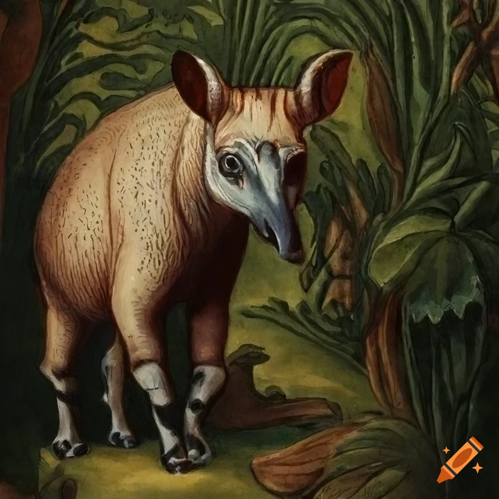 Color pen and ink illustration of a tapir-okapi hybrid in a lush landscape