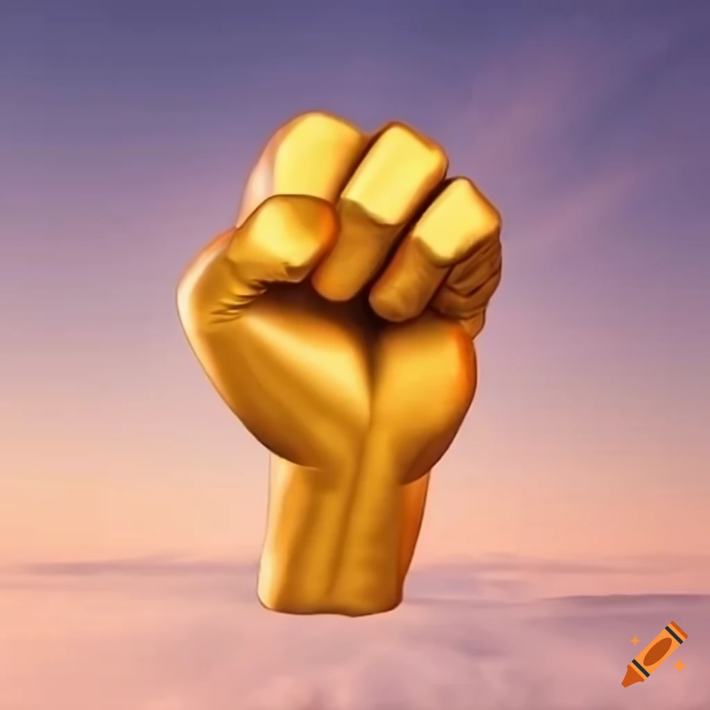 Surreal artwork of giant golden fist in the sky