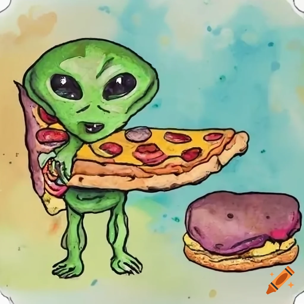 Funny image of an alien enjoying pizza on Craiyon