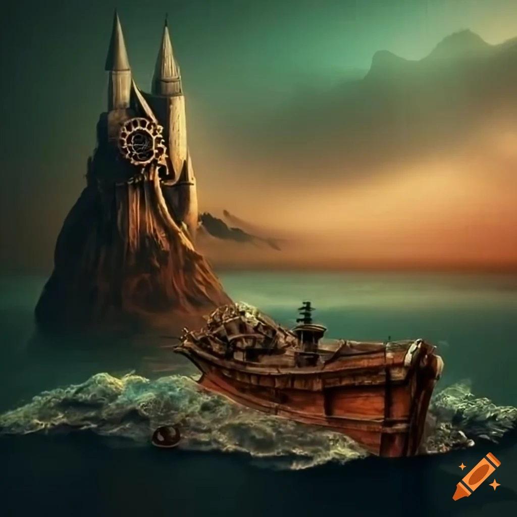 Surreal steampunk boat with cannons sailing in the sky on Craiyon