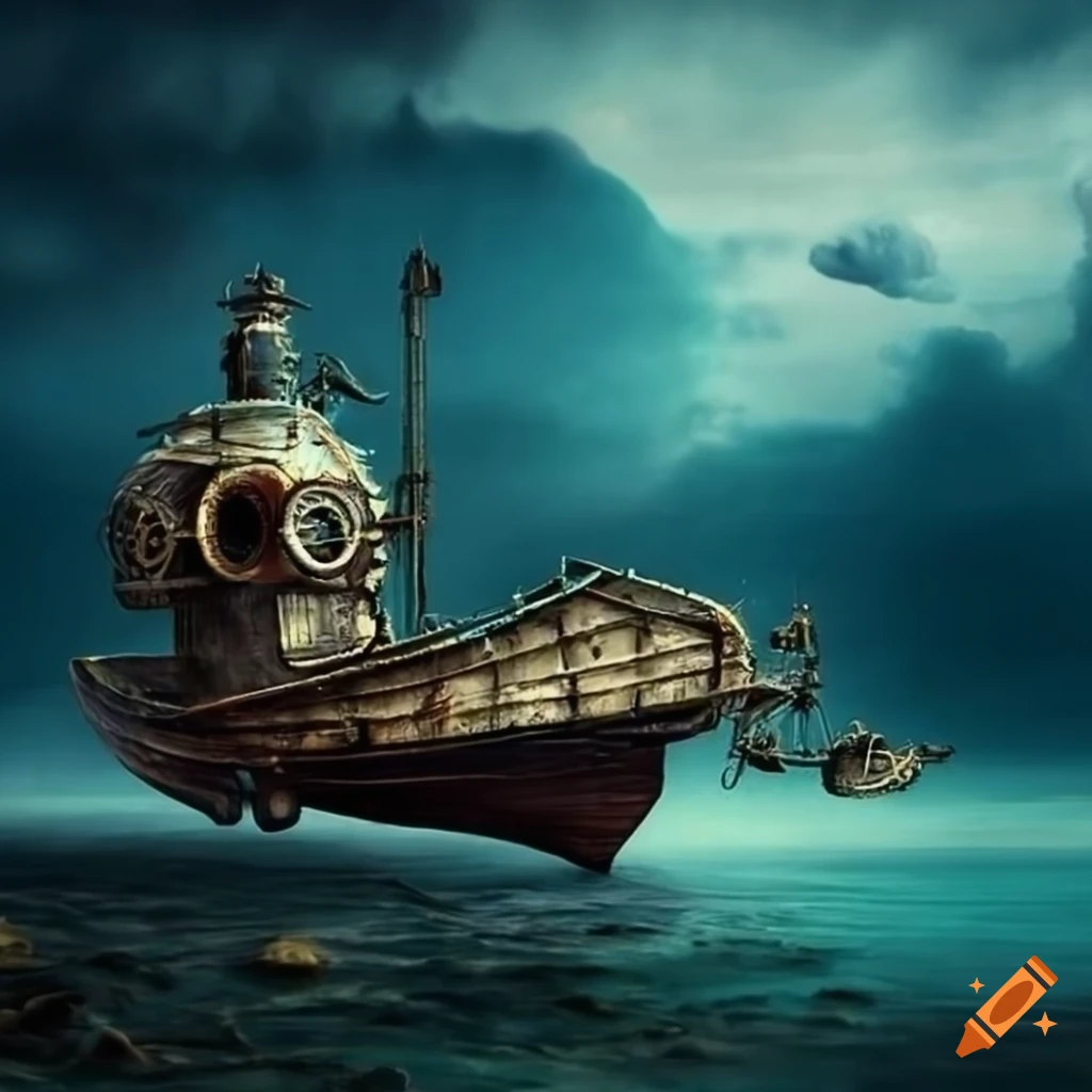 Surreal steampunk scene with strange machines on a beach on Craiyon