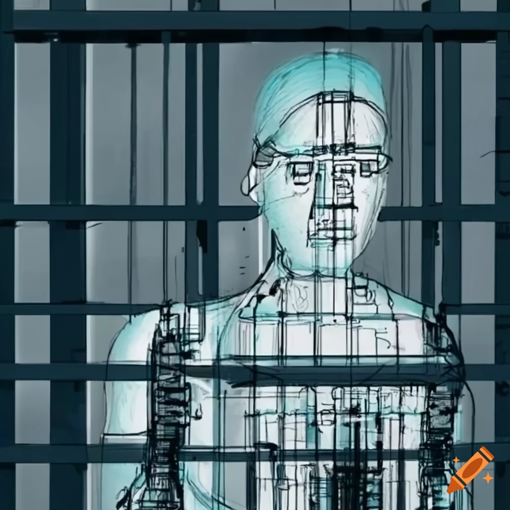 Futuristic drawing of an ai sentenced to prison
