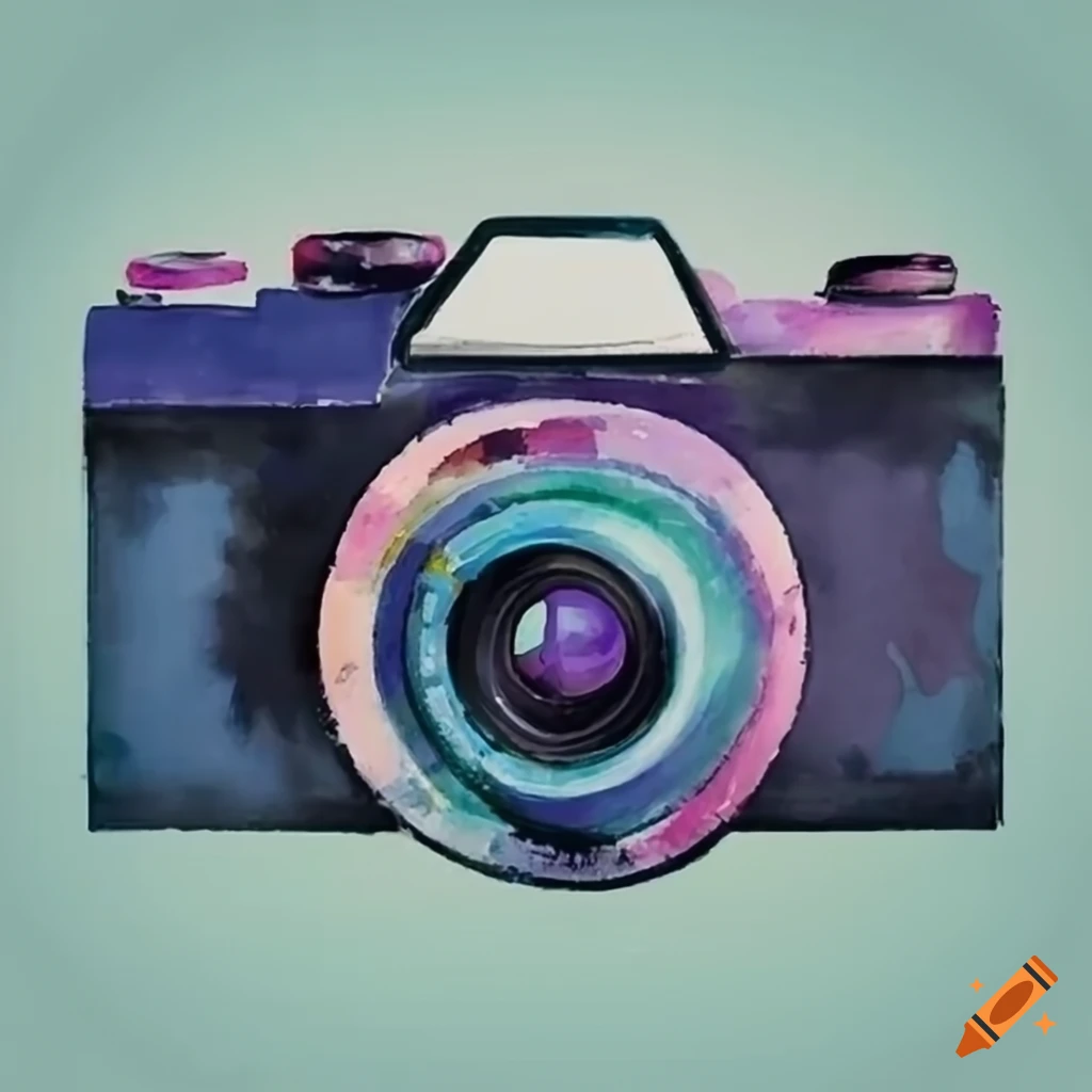 Watercolor painting of a camera on solid background