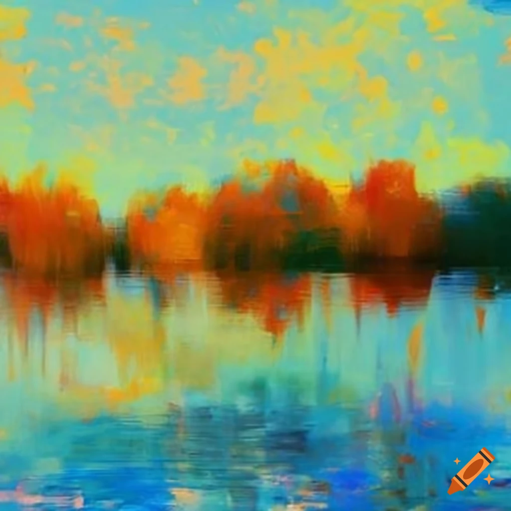 Abstract painting of trees and river reflections on Craiyon
