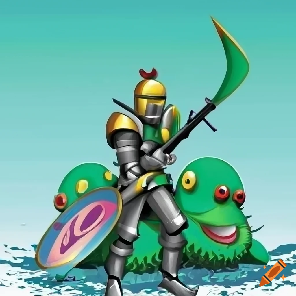 Fantasy illustration of a knight riding a saddleback caterpillar on Craiyon