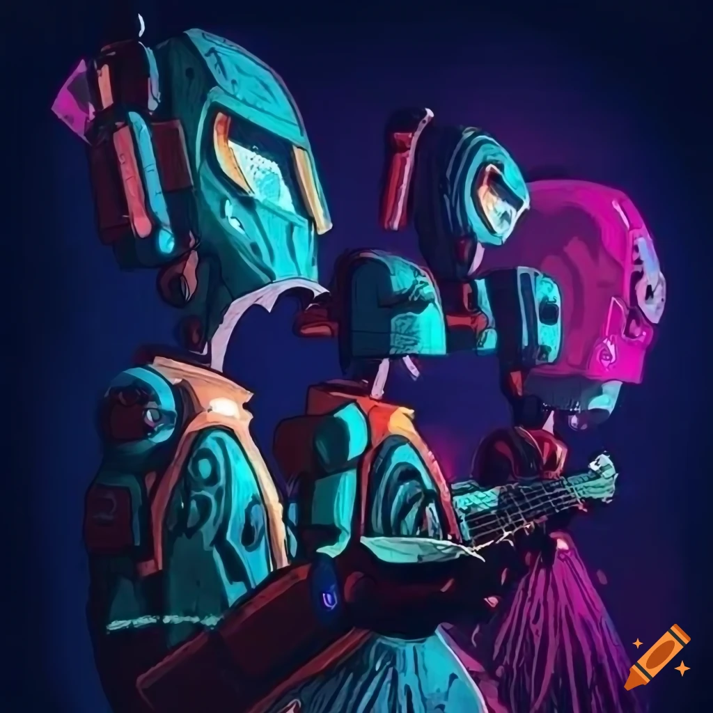 Retrowave black robot mech playing electric guitar in synthwave ...