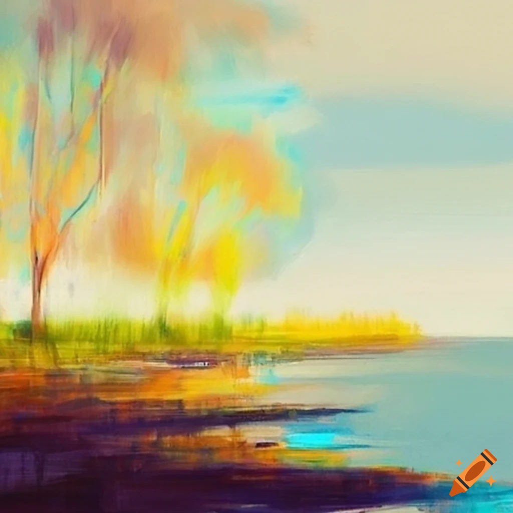 Abstract painting of a river and trees with reflections on Craiyon