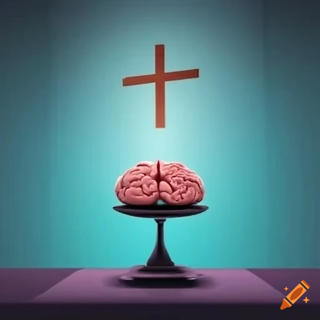 Artistic depiction of brain on pedestal with people in a church scene ...