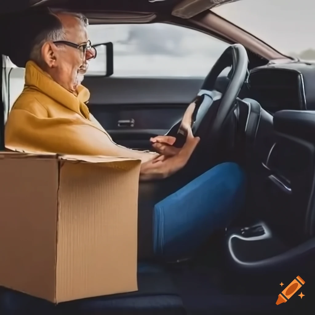 Cardboard box in car next to elderly driver on Craiyon