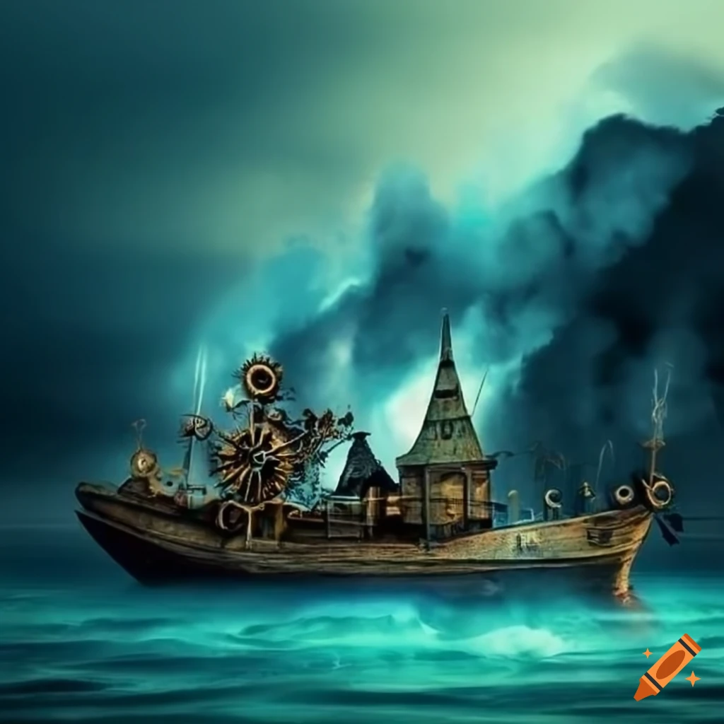 Surreal steampunk artwork with machines on the beach on Craiyon