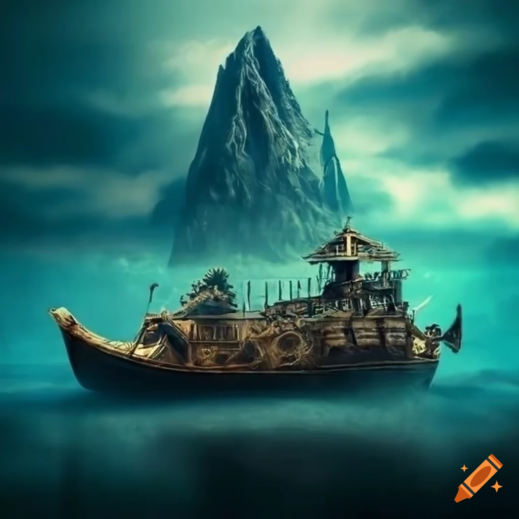 Surrealist steampunk machine boat on the sea