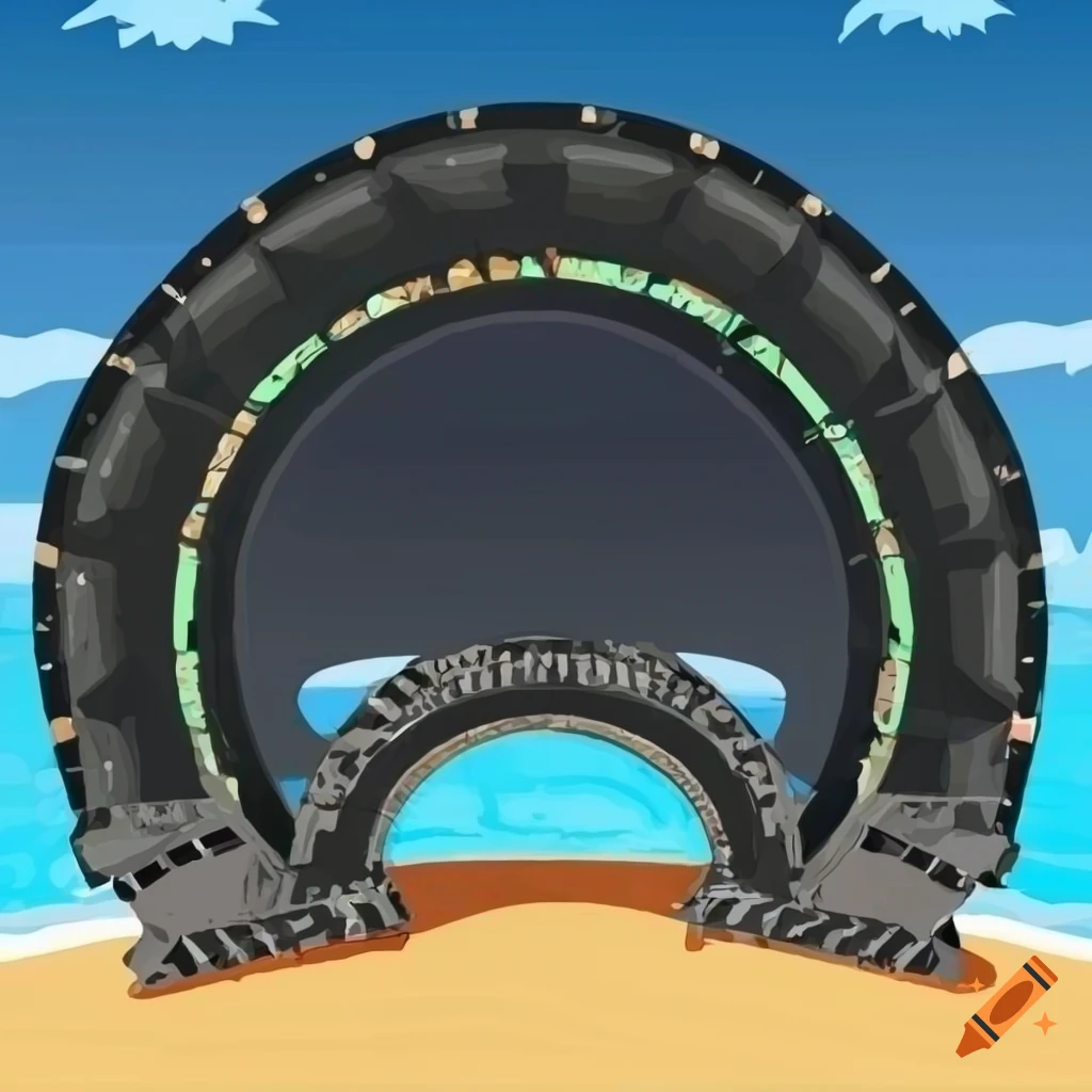 Cartoon illustration of a black stargate on a sunny beach on Craiyon