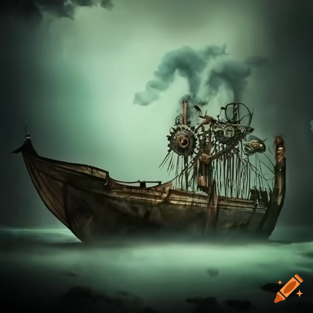Surreal steampunk artwork with a boat on the beach on Craiyon