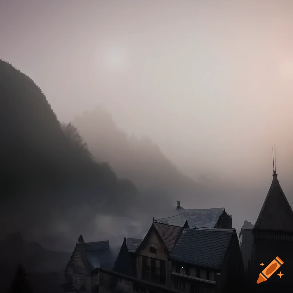 Panoramic photo of a foggy mountain small town scene on Craiyon
