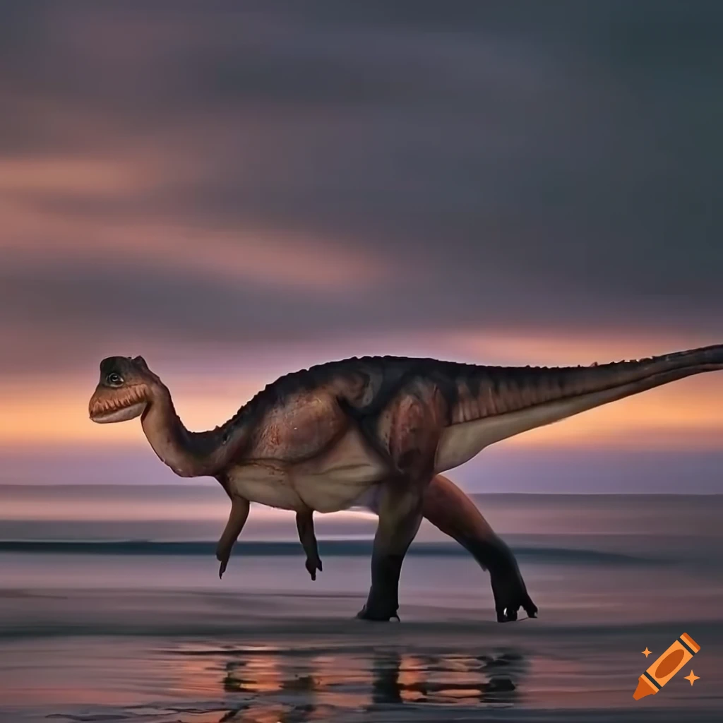 Hadrosaurus dinosaur walking along the shore on Craiyon