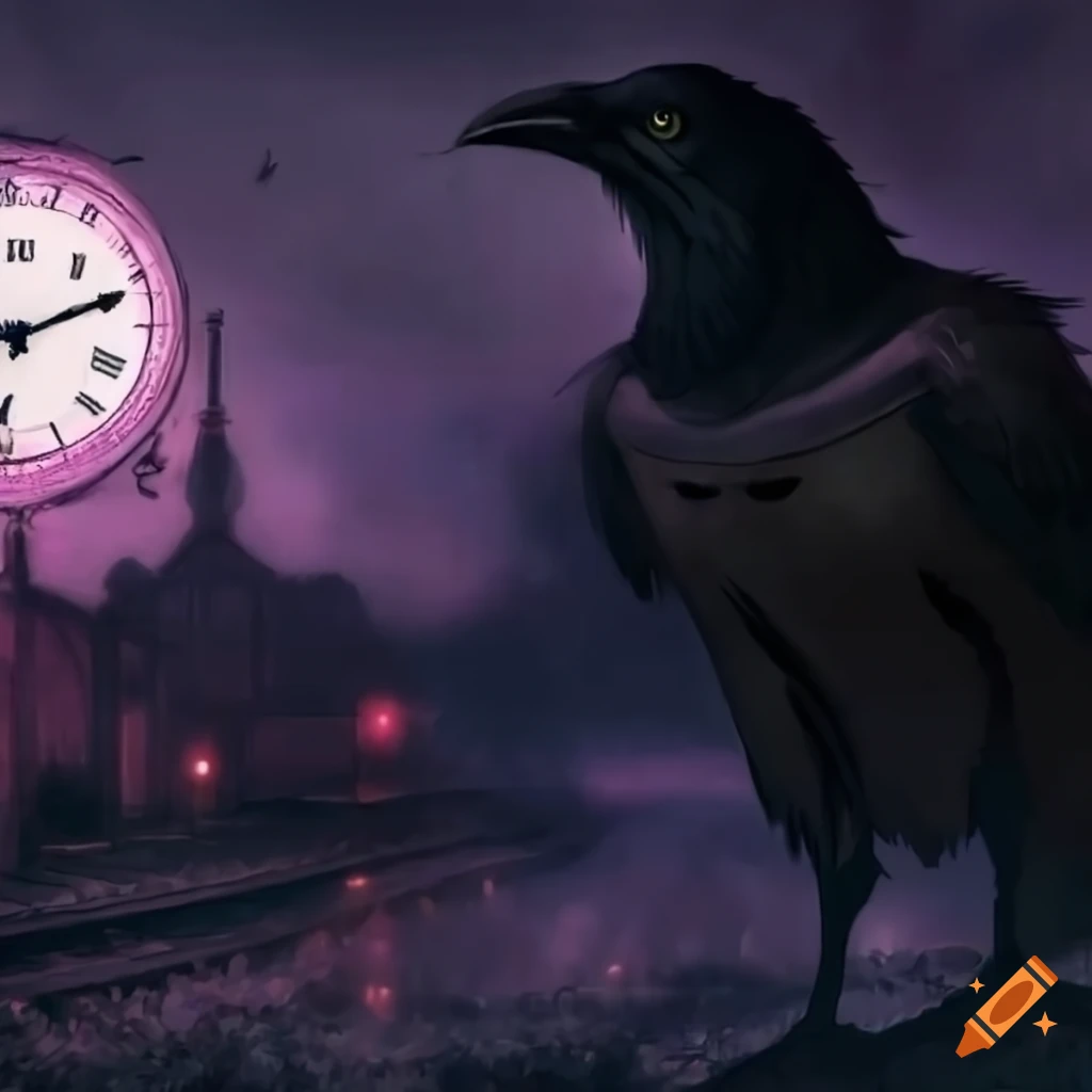 Night scene with a train, raven, and clock on Craiyon