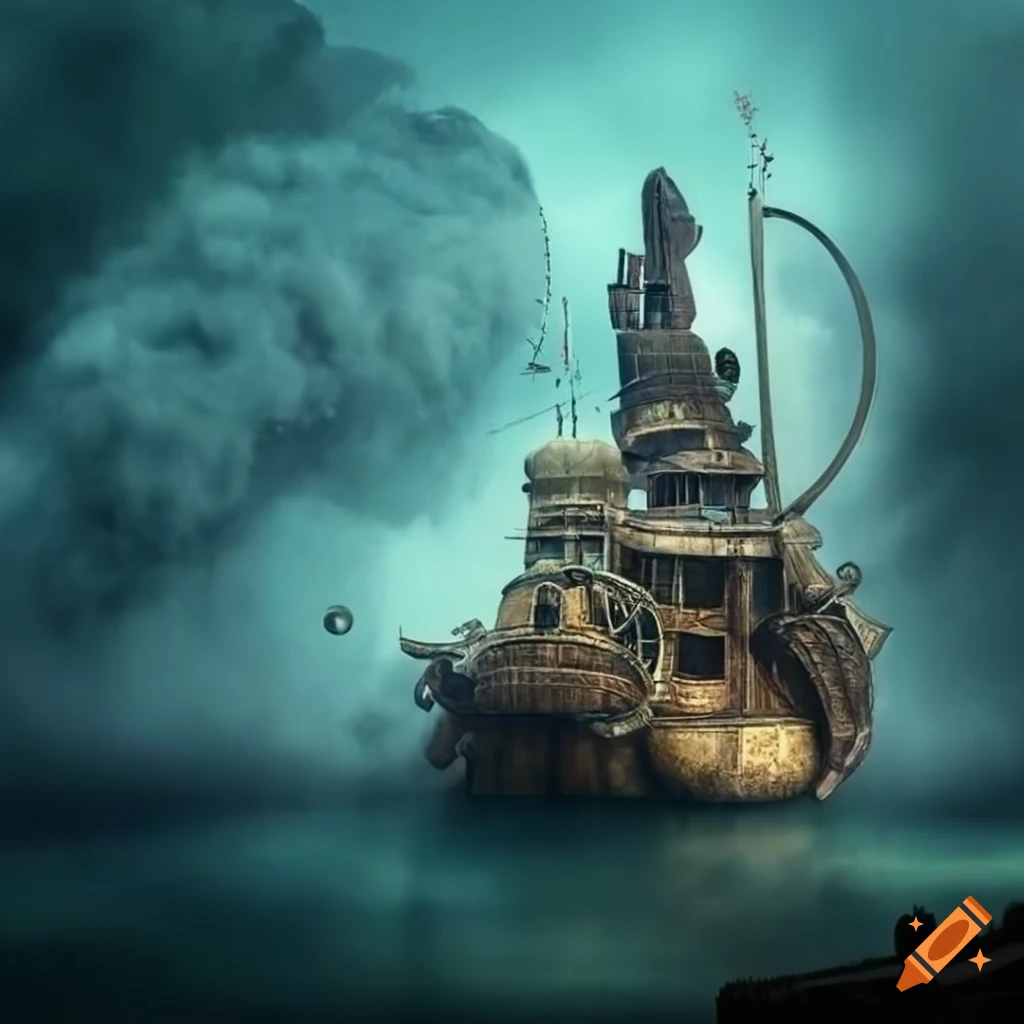 Surreal steampunk artwork of a boat with cannons on Craiyon