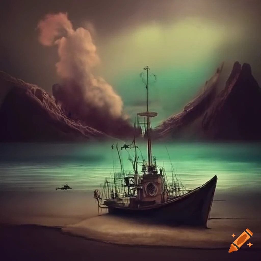 Surreal steampunk artwork with strange creatures on the beach