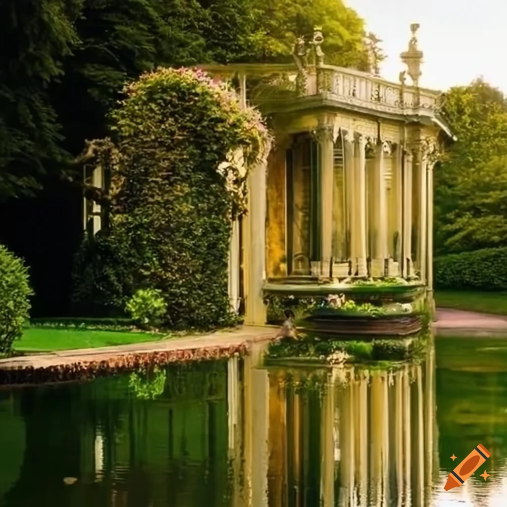 White rococo garden with pond and flowerbeds on Craiyon
