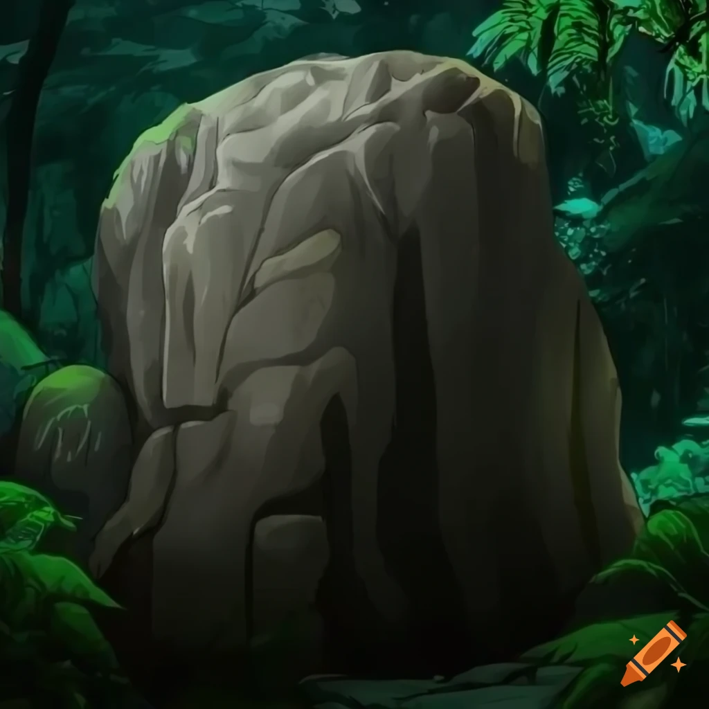 Manga style jungle with a large gray rock on Craiyon