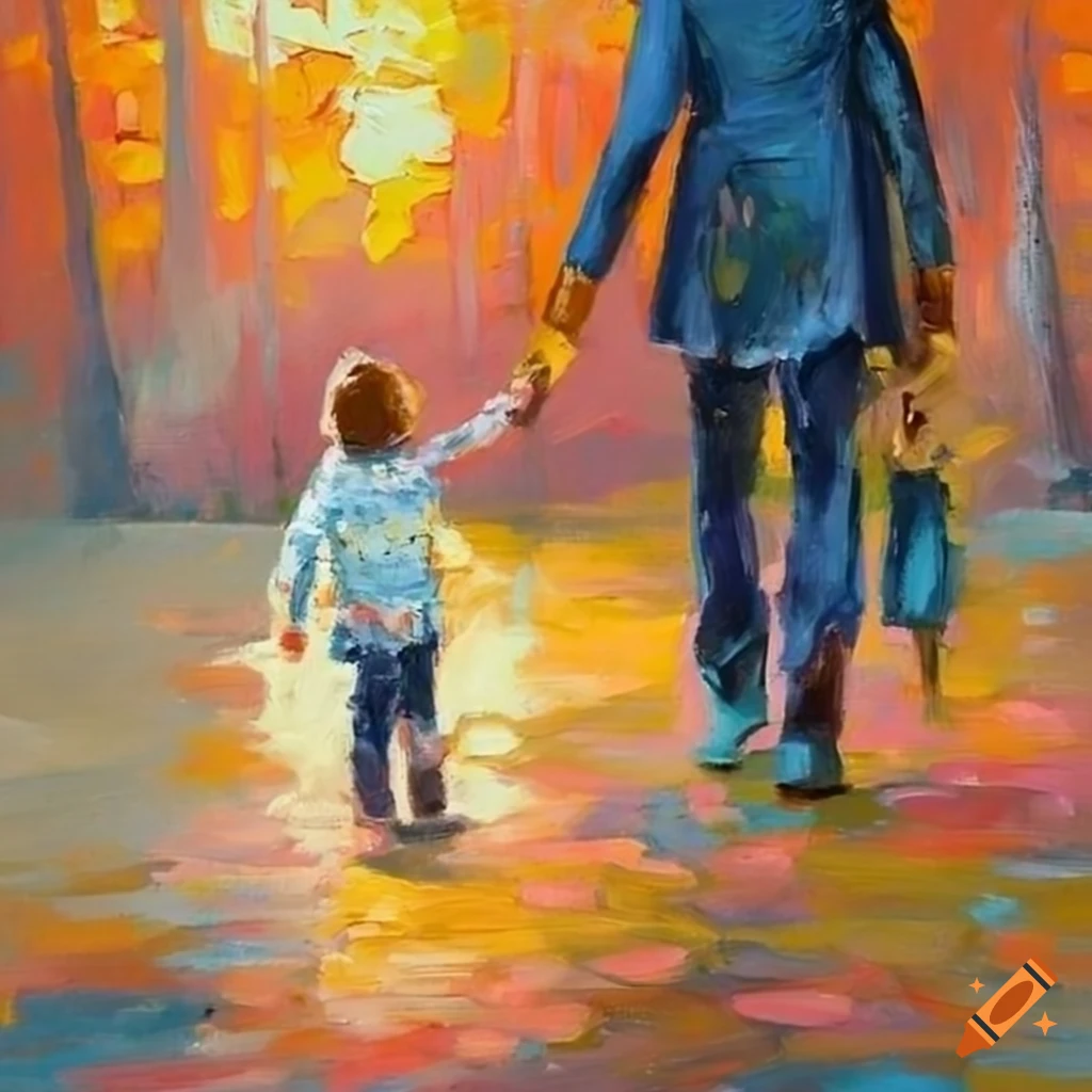 Oil painting of a parent and child walking together on Craiyon