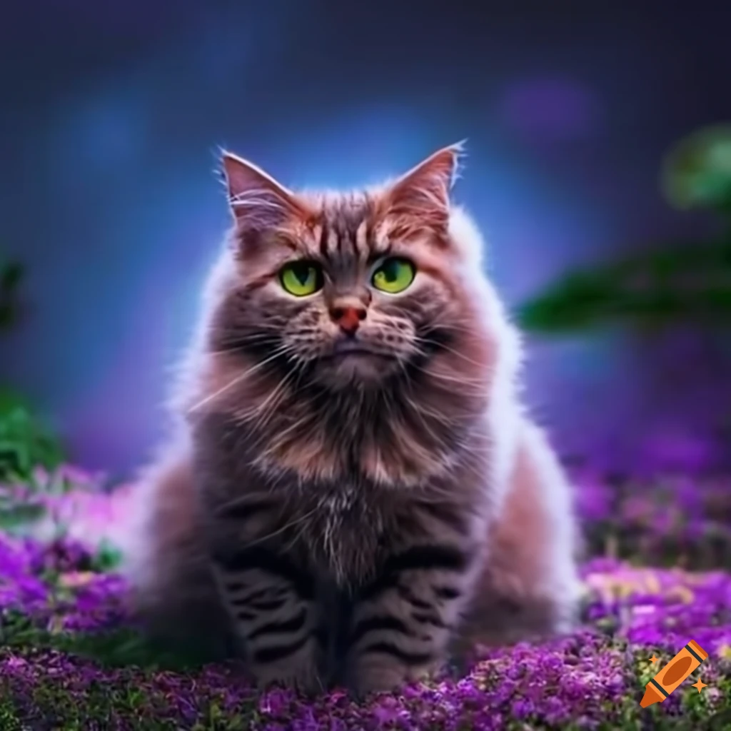Fantasy illustration of a garden filled with fluffy cats